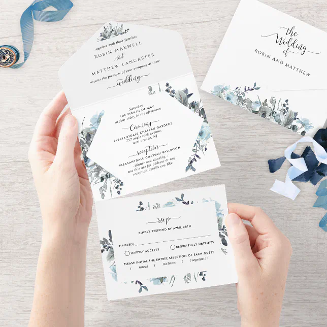 Blue Floral Wedding with Perforated RSVP All In One Invitation | Zazzle