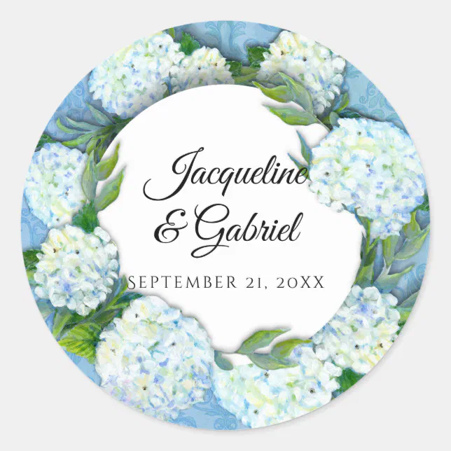 Blue Floral White Hydrangea Leaf Damask Wedding Classic Round Sticker ...