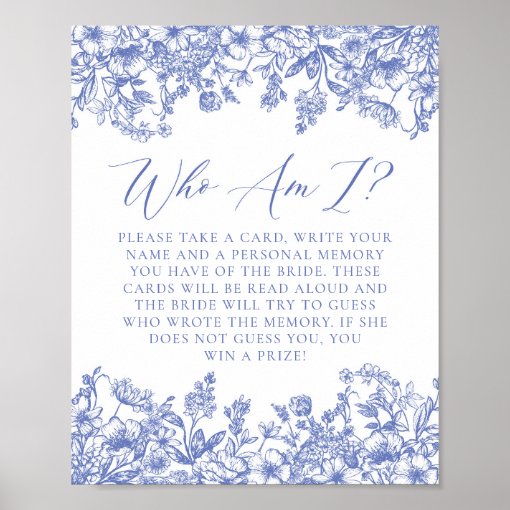 Blue Floral Who Am I Bridal Shower Game Sign | Zazzle