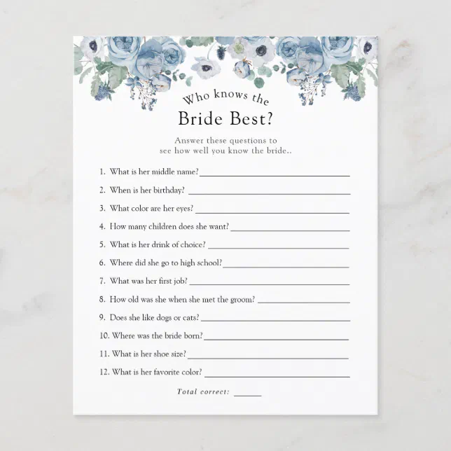 Blue Floral Who Knows the Bride Best Bridal Game | Zazzle