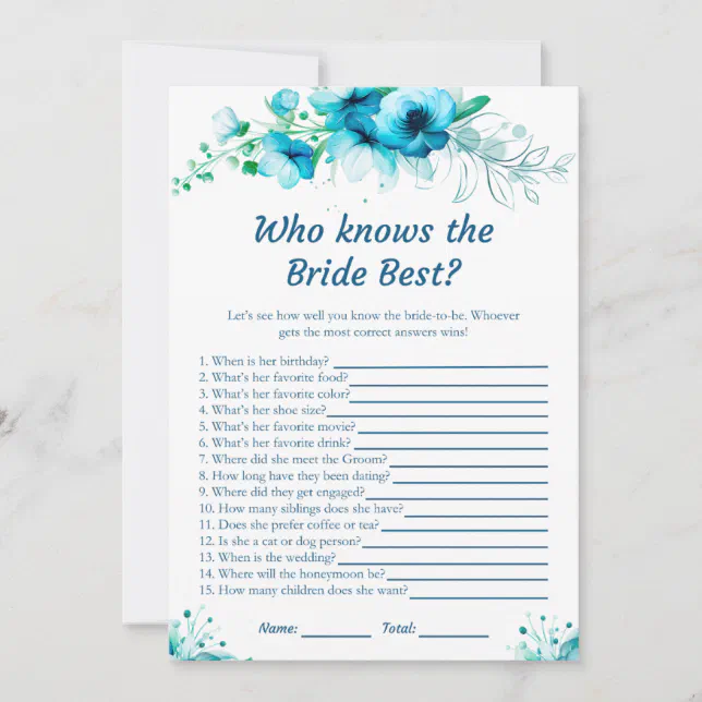 Blue Floral Who Knows the Bride Best Game Cards | Zazzle