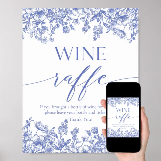 Blue Floral Wine Raffle Bridal Shower Game Sign | Zazzle