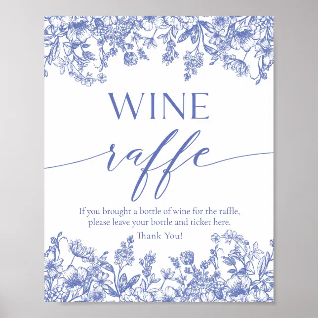 Blue Floral Wine Raffle Bridal Shower Game Sign | Zazzle