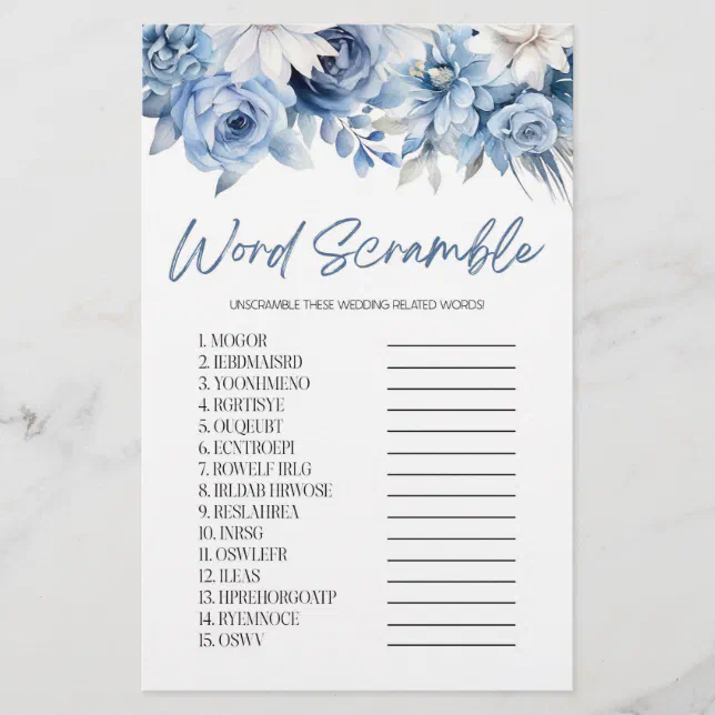 Blue Floral Word Scramble Bridal Shower Game Stationery | Zazzle