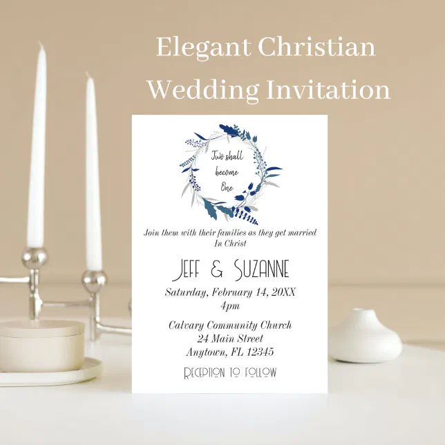 Blue Floral Wreath Two Become One Wedding Invitation | Zazzle