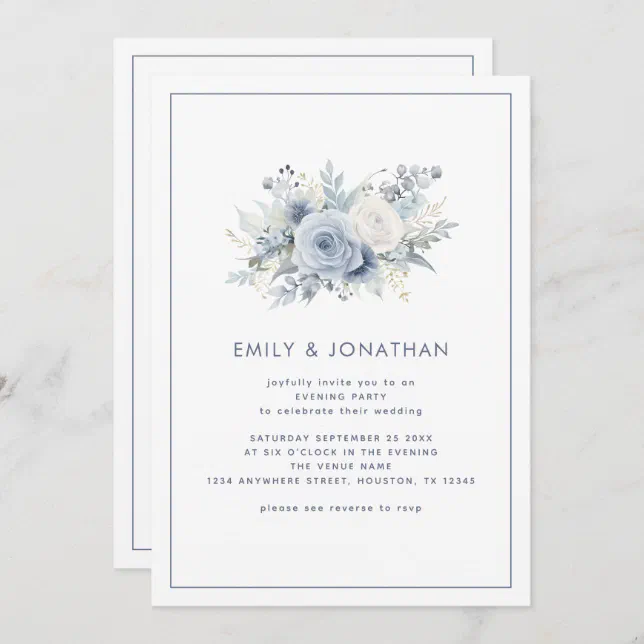 Blue Florals Border QR Wedding Evening Party Invitation | Zazzle