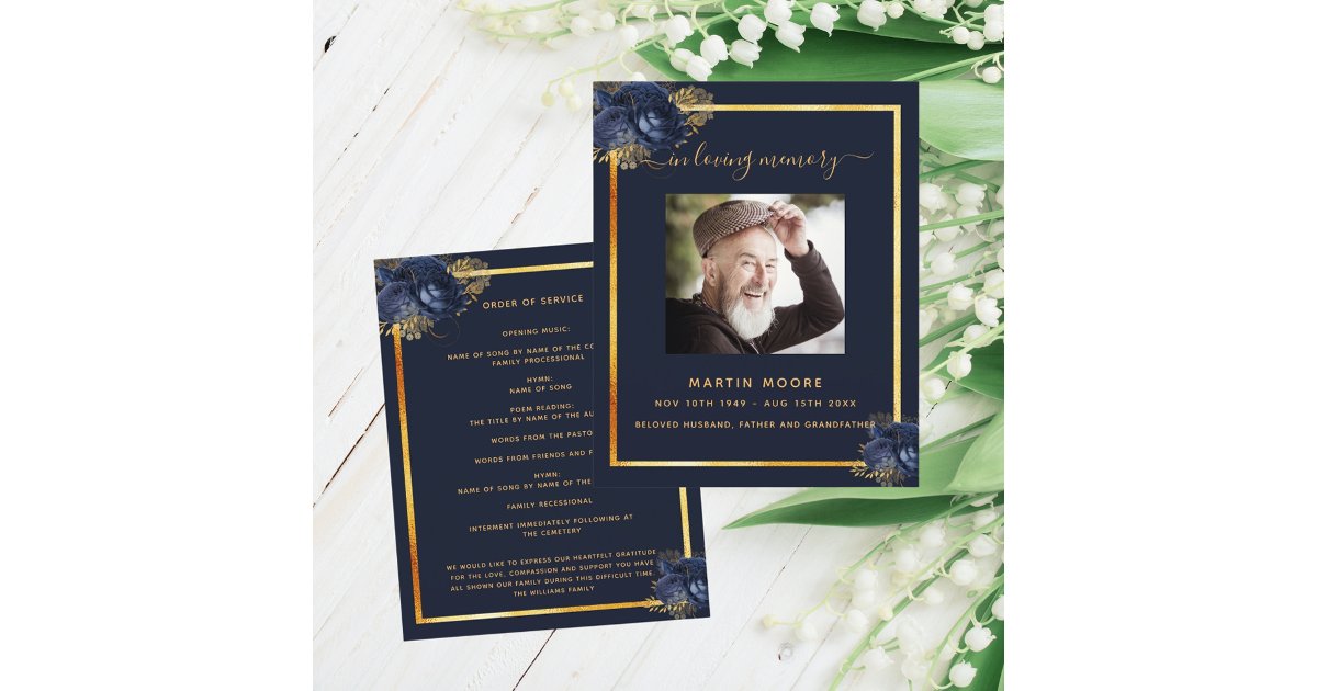Blue florals gold photo funeral program | Zazzle