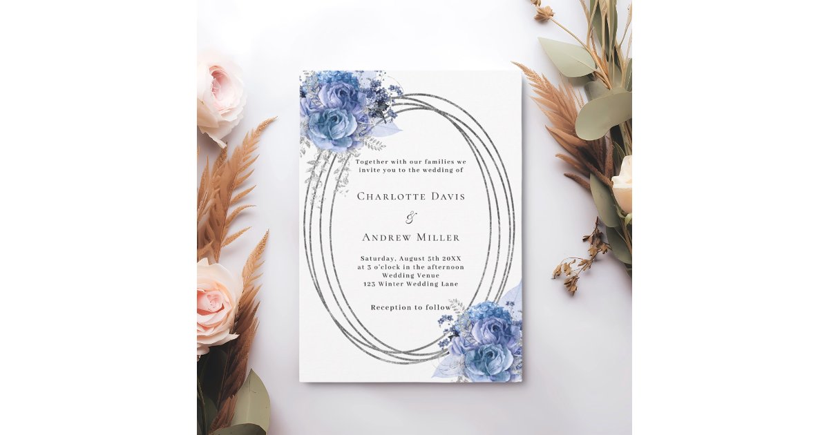 Blue florals silver frame wedding invitation | Zazzle