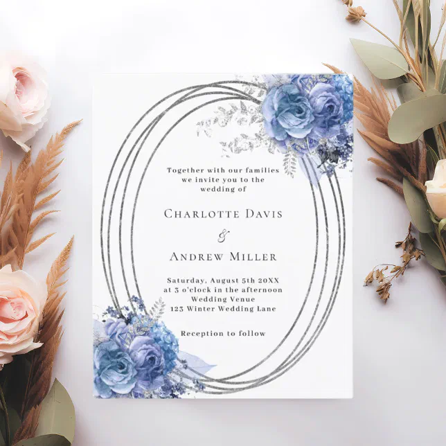 Blue florals silver frame wedding invitation | Zazzle