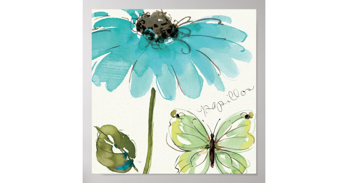 Blue Flower and Butterfly Poster | Zazzle