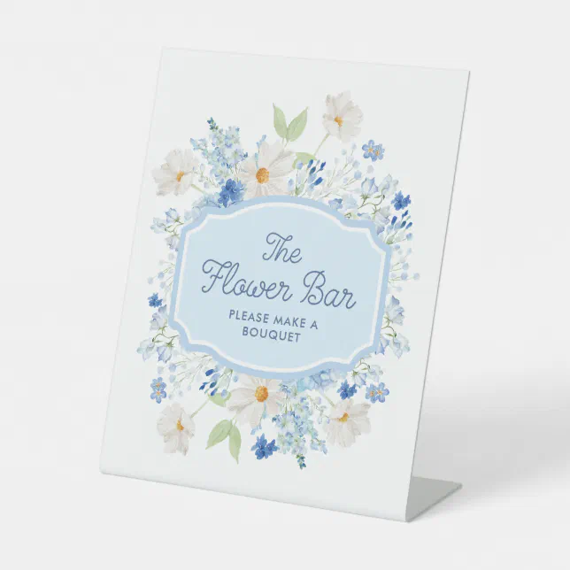 Blue Flower Bar Bridal Shower Pedestal Sign | Zazzle