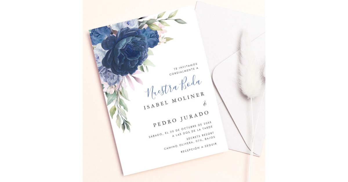 Blue Flower Bouquet Nuestra Boda Spanish Wedding Invitation | Zazzle