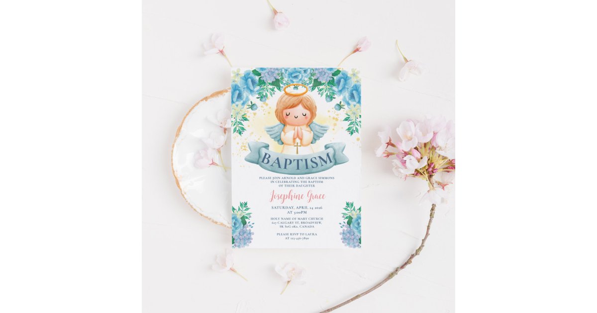 Blue Flowers and Angel Baptism Invitation | Zazzle