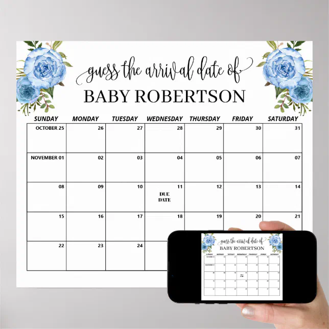 Blue flowers Baby Shower Guess Due Date Calendar Poster | Zazzle