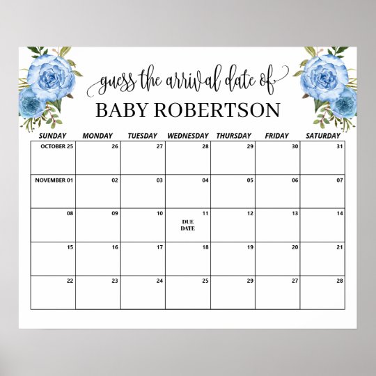 Blue flowers Baby Shower Guess Due Date Calendar Poster | Zazzle.com