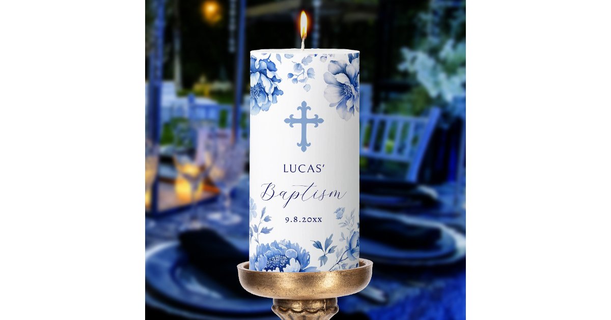 Blue Flowers Baptism Pillar Candle | Zazzle