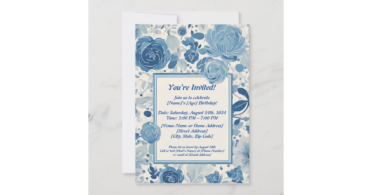 Blue Flowers Birthday Invitation | Zazzle