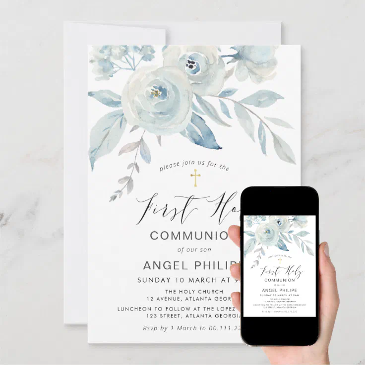 Blue flowers script first holy communion invitation | Zazzle