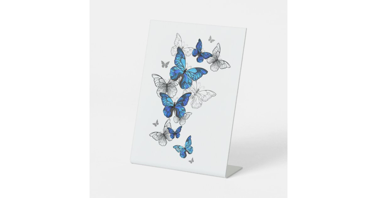 Blue Flying Butterflies Morpho Pedestal Sign | Zazzle