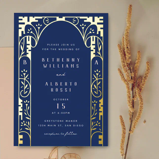 Blue Foil Art Nouveau Arch Foil Invitation | Zazzle