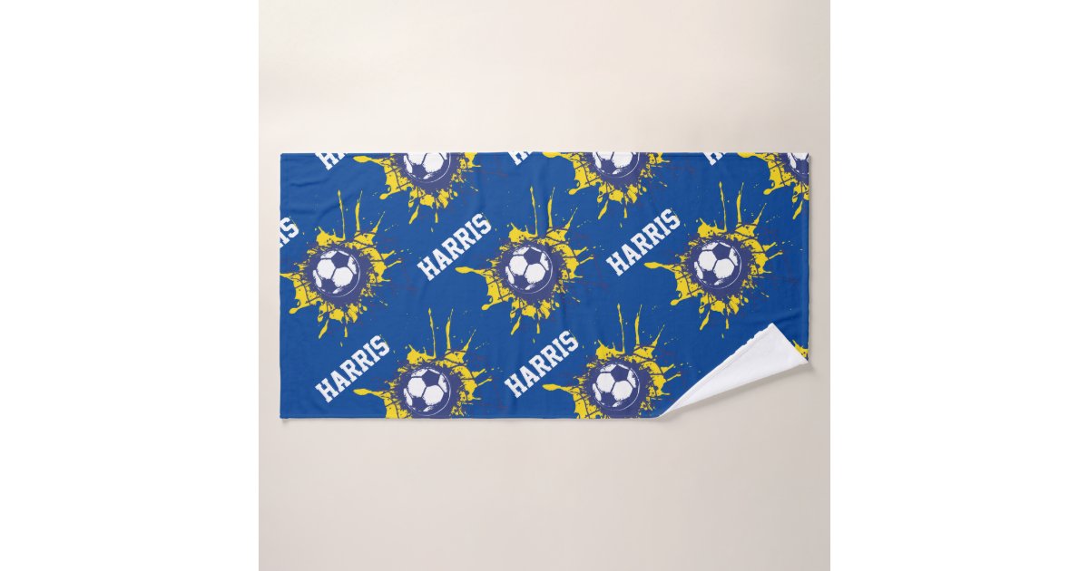 Blue football soccer ball score custom shower bath towel | Zazzle