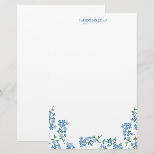 Blue Forget Me Nots - Add Name Monogram Stationery | Zazzle