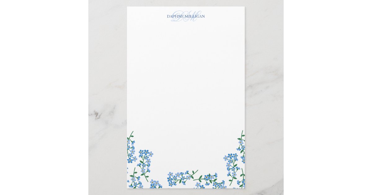 Blue Forget Me Nots - Add Name Monogram Stationery | Zazzle