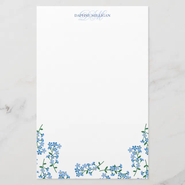 Blue Forget Me Nots - Add Name Monogram Stationery | Zazzle