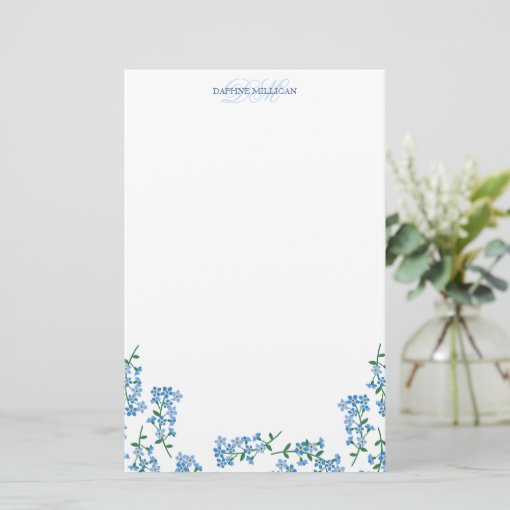 Blue Forget Me Nots - Add Name Monogram Stationery | Zazzle