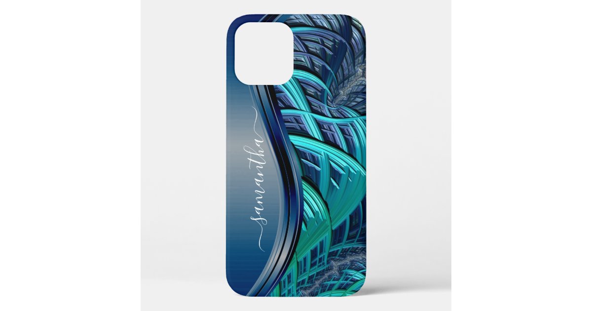 Blue Fractal Lines Metallic Handwritten Monogram Case-Mate iPhone Case ...