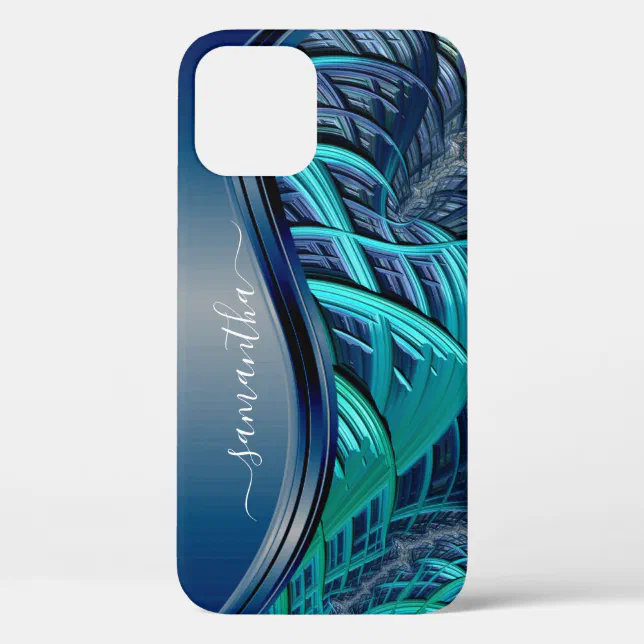 Blue Fractal Lines Metallic Handwritten Monogram Case-Mate iPhone Case ...