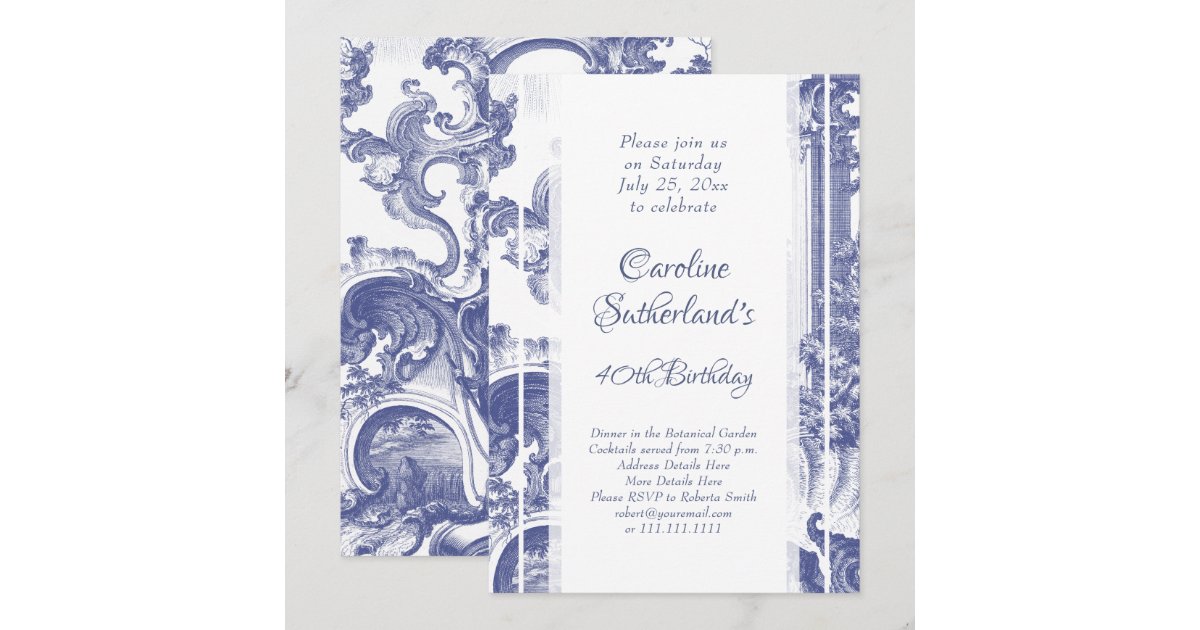 Blue French Baroque Toile Birthday Party Invitation | Zazzle