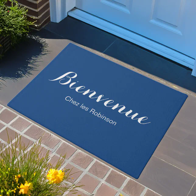 Blue French Bienvenue Welcome Mat | Zazzle