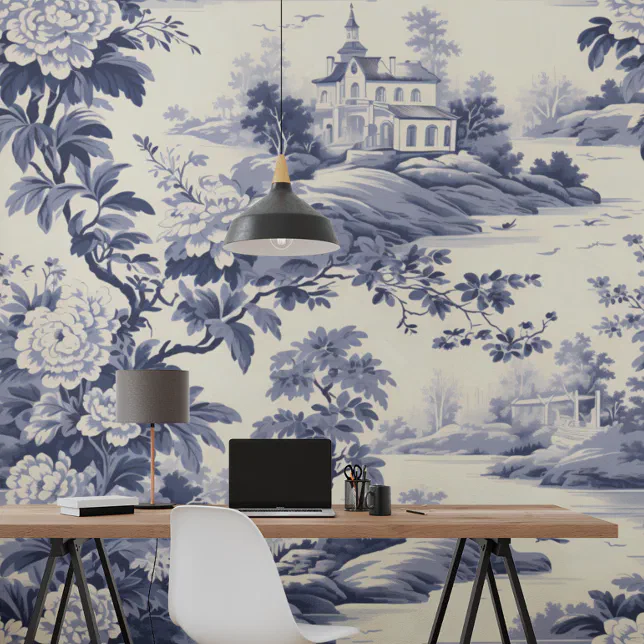 Blue French Style Toile De Jouy Wallpaper | Zazzle