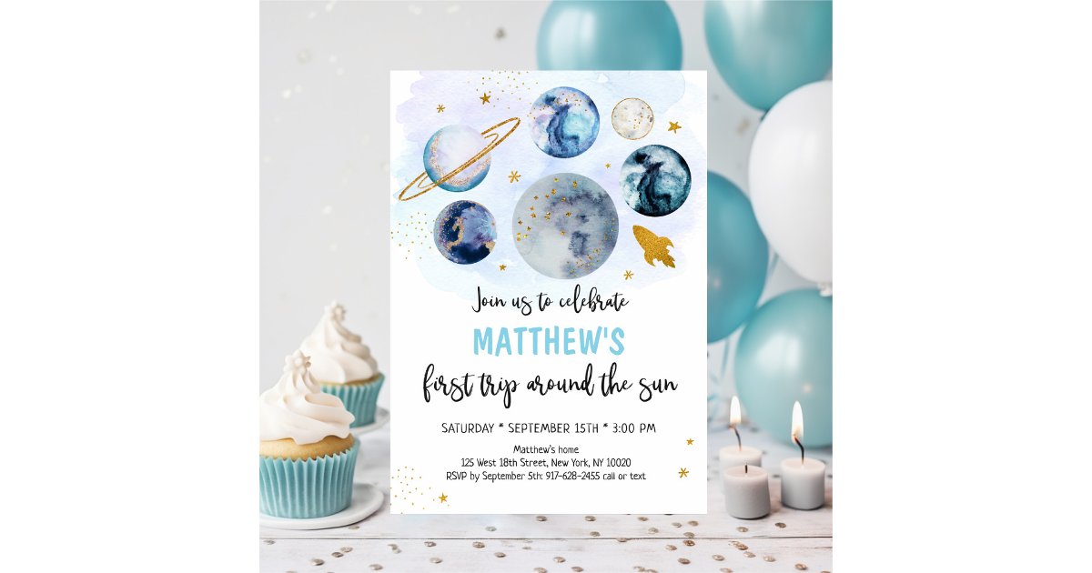 Blue Galaxy First Trip Around The Sun Birthday Invitation | Zazzle
