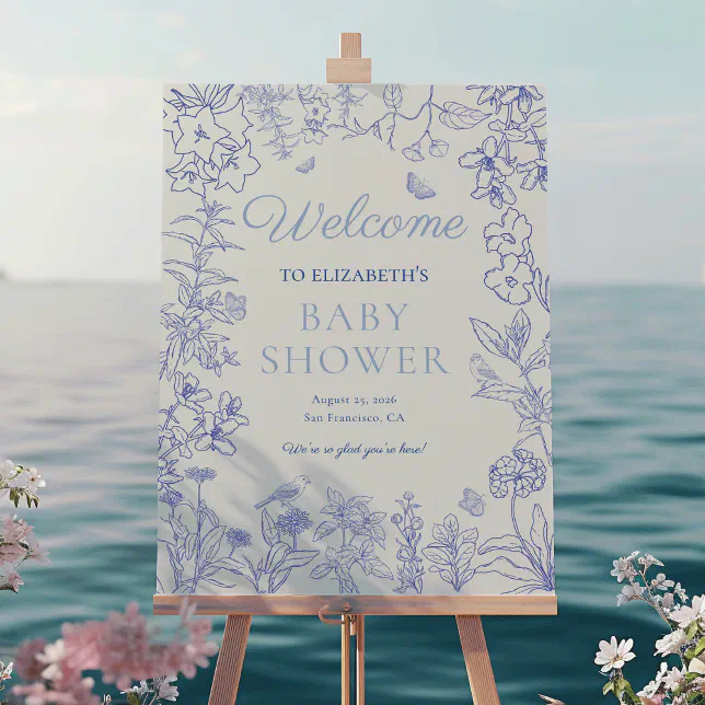 Blue Garden Chinoiserie Baby Shower Welcome Sign | Zazzle
