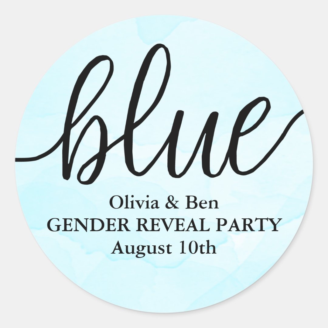 Blue Gender Reveal Baby Shower Classic Round Sticker | Zazzle