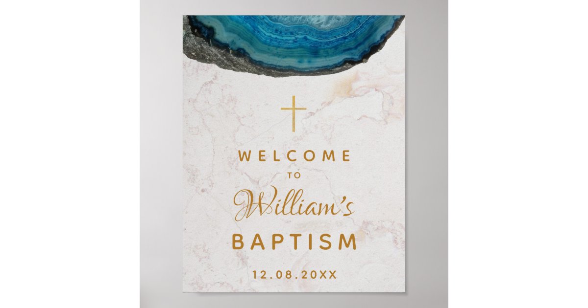 Blue Geode Boy Baptism Marble Gold Cross Welcome Poster | Zazzle