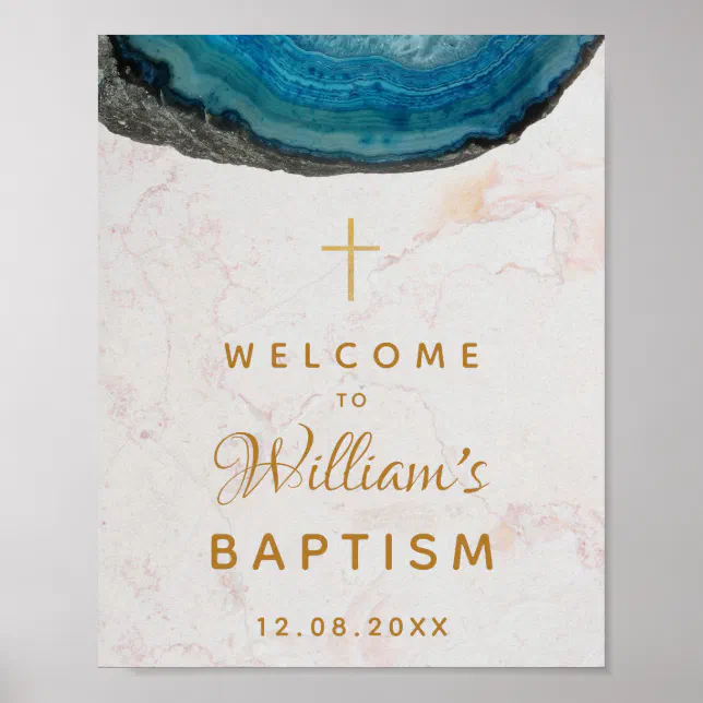 Blue Geode Boy Baptism Marble Gold Cross Welcome Poster | Zazzle