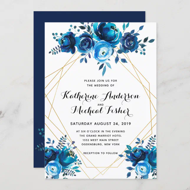 Blue Geometric Floral Wedding Invitation | Zazzle