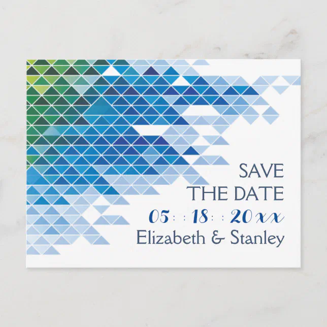 Blue geometric triangles wedding Save the Date Announcement Postcard ...