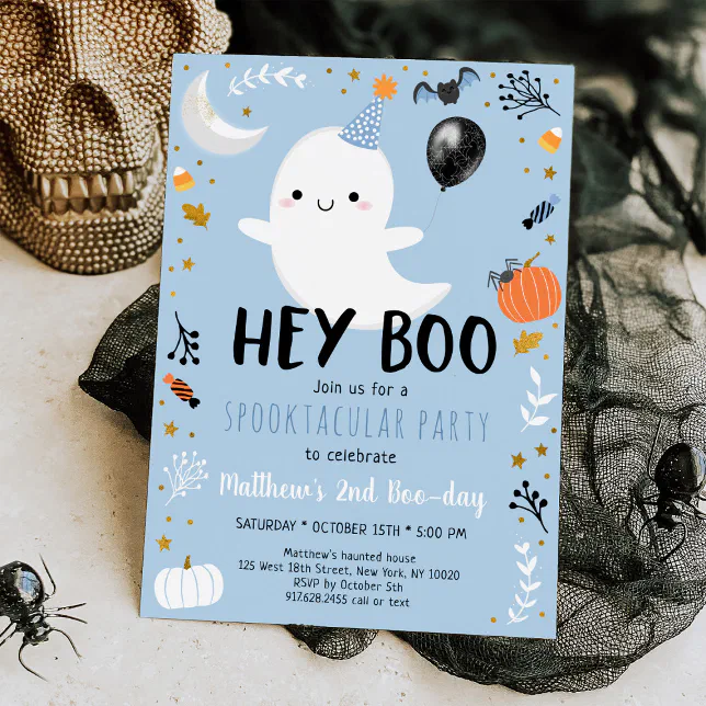 Blue Ghost Hey Boo Birthday Invitation | Zazzle