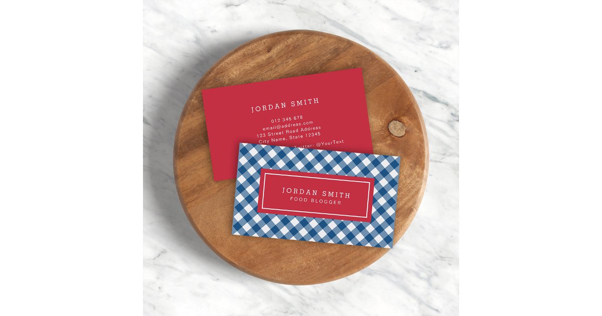 Blue Gingham and Red Business Card | Zazzle