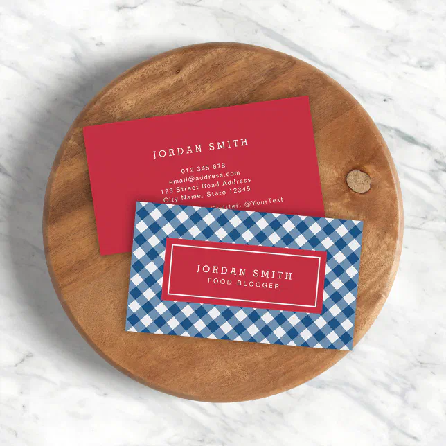 Blue Gingham and Red Business Card | Zazzle