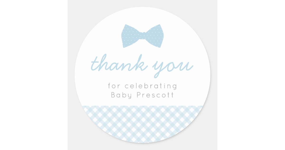 Blue gingham baby shower sticker | Zazzle