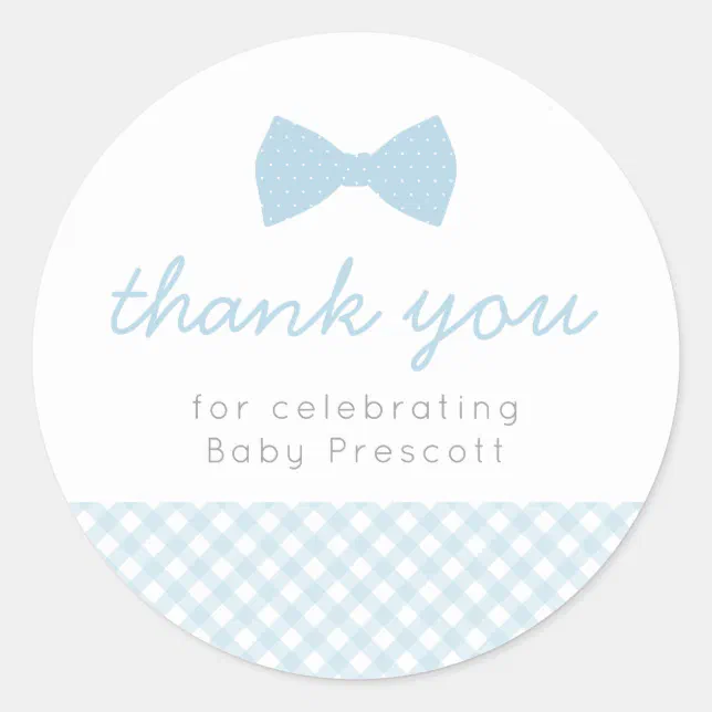 Blue gingham baby shower sticker | Zazzle