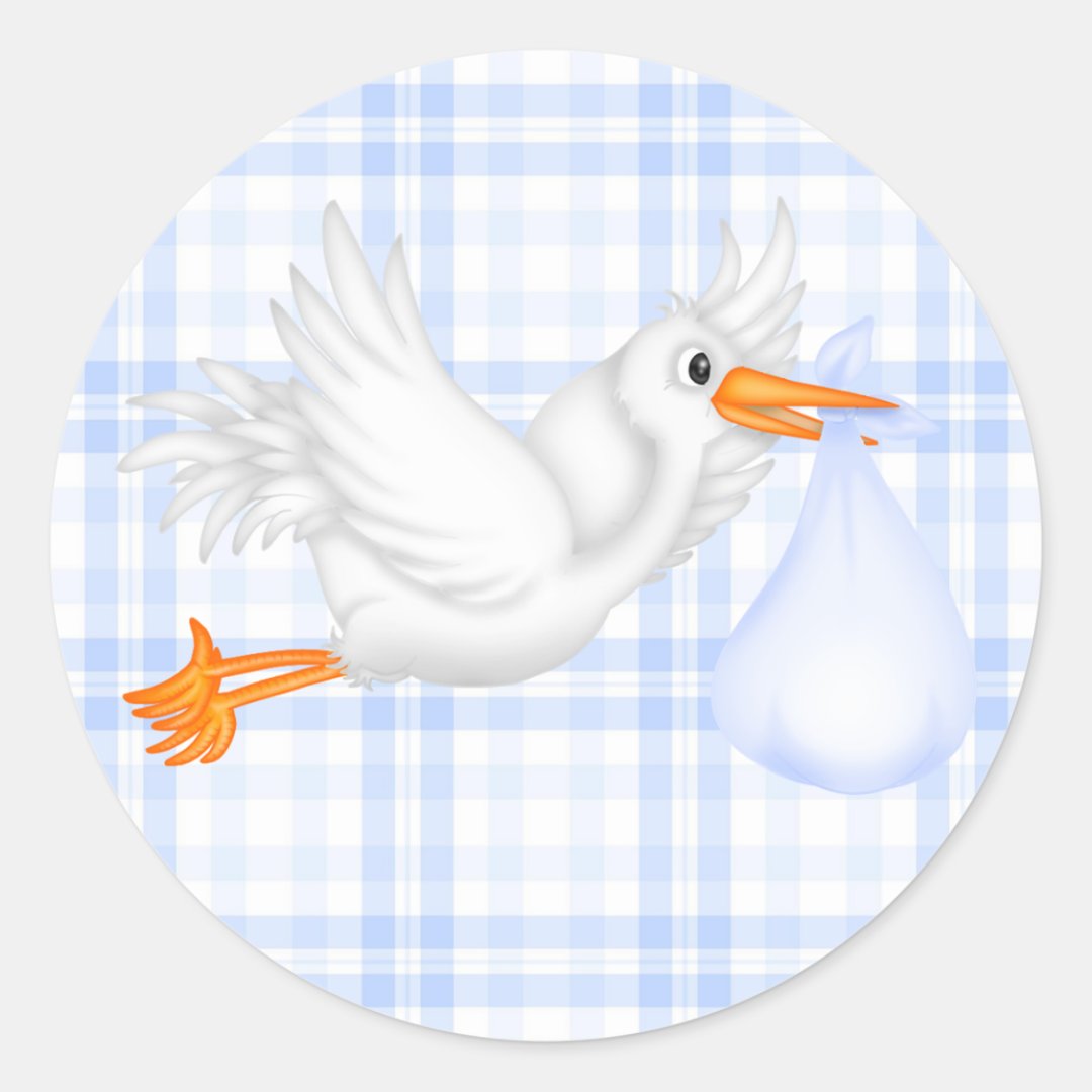 Blue Gingham Blue Stork Baby Shower Sticker | Zazzle