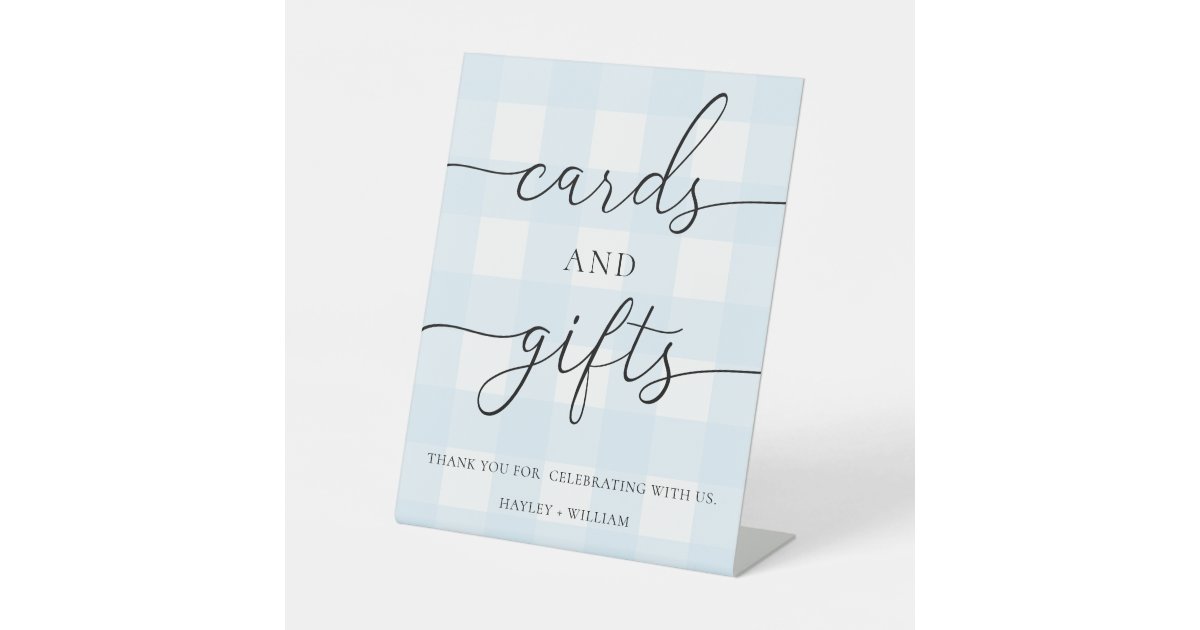 Blue Gingham Cards and Gifts Pedestal Sign | Zazzle