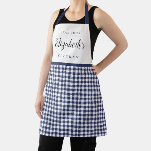 Blue gingham check adult personalized cooking apron | Zazzle