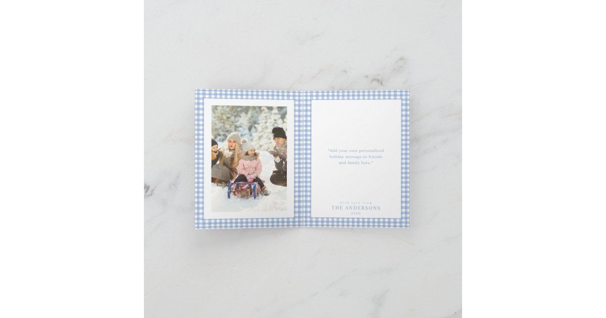 Blue Gingham Christmas Photo Holiday Card | Zazzle